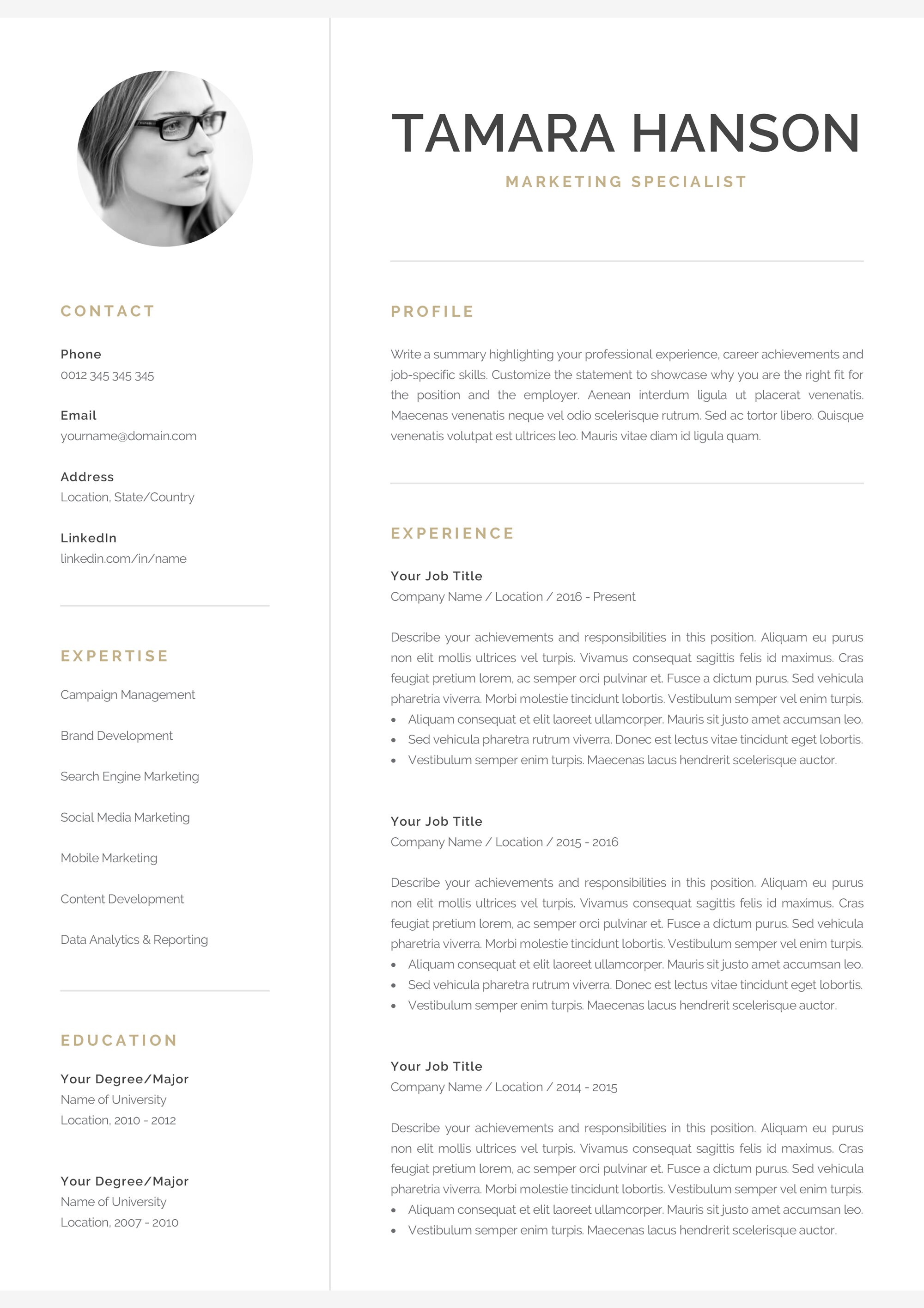 Modern CV Template With Photo | 1, 2 Page Resume | Professional Photo ...
