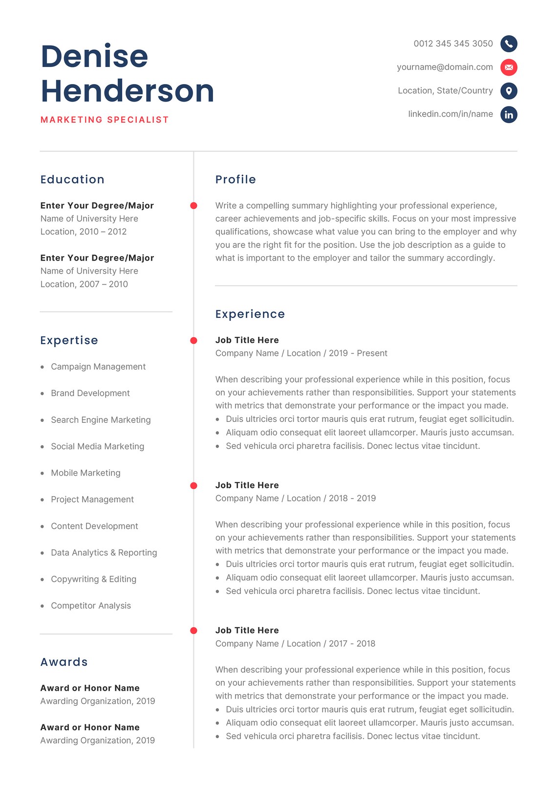 Professional Resume Template for Word & Pages. Minimalist CV Design. 1 ...
