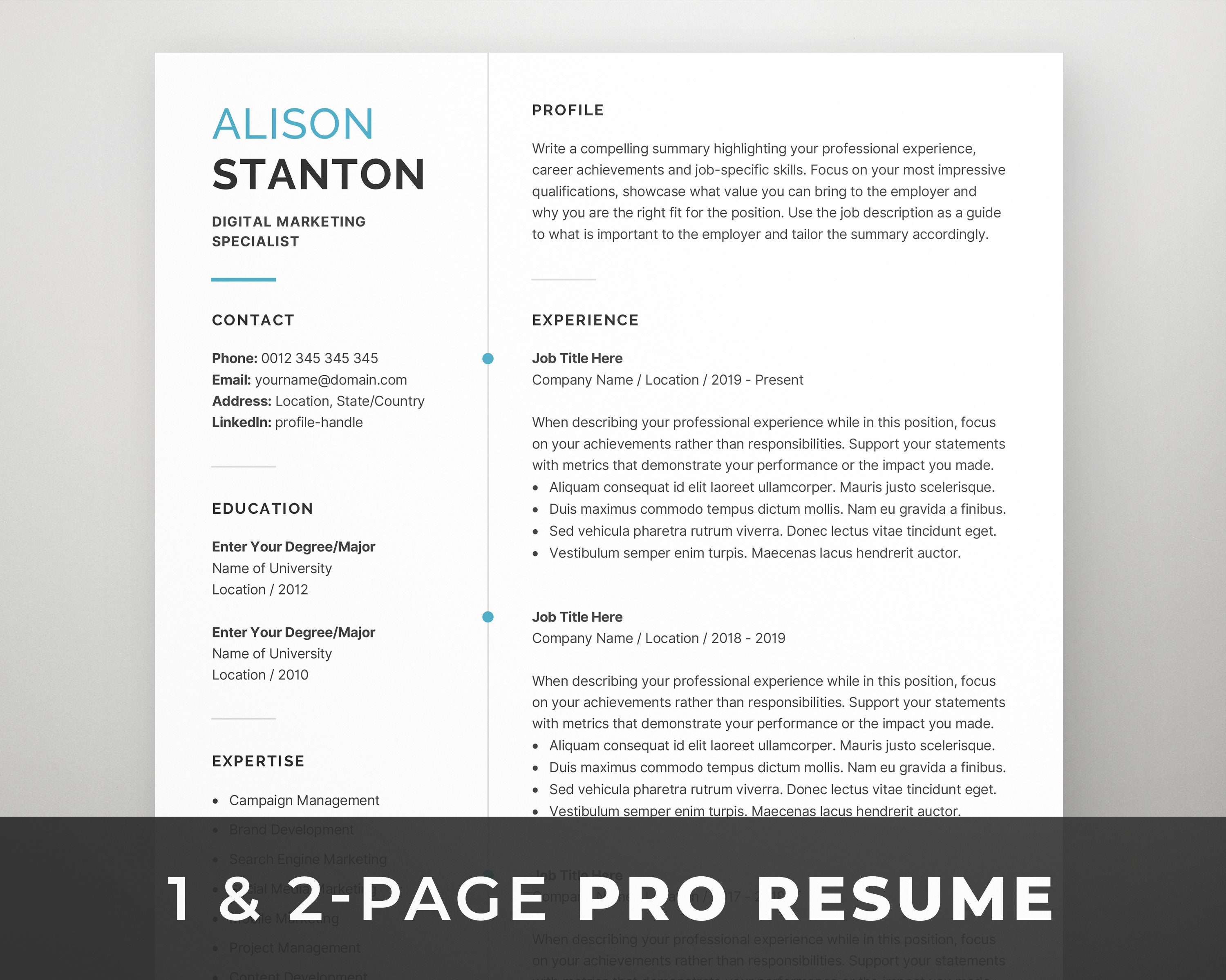 Professional 1, 2 Page Resume Template With Cover Letter and References ...