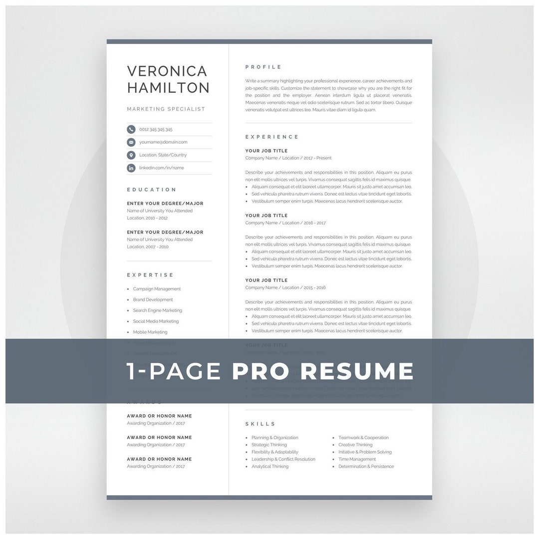 Professional Resume Template | Compact 1 Page Resume Template | Modern ...