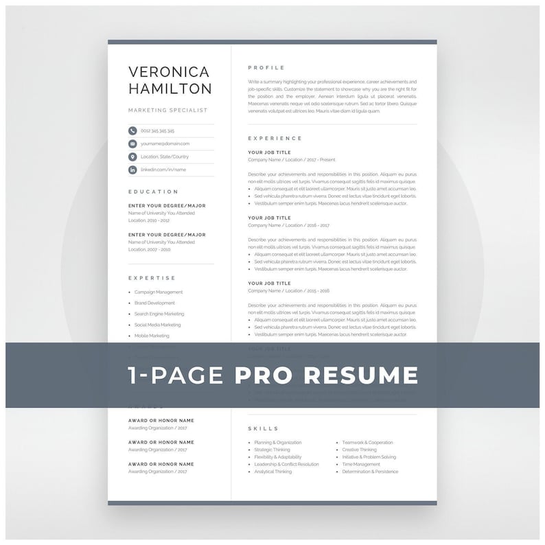 Professional Resume Template | Compact 1 Page Resume Template | Modern ...