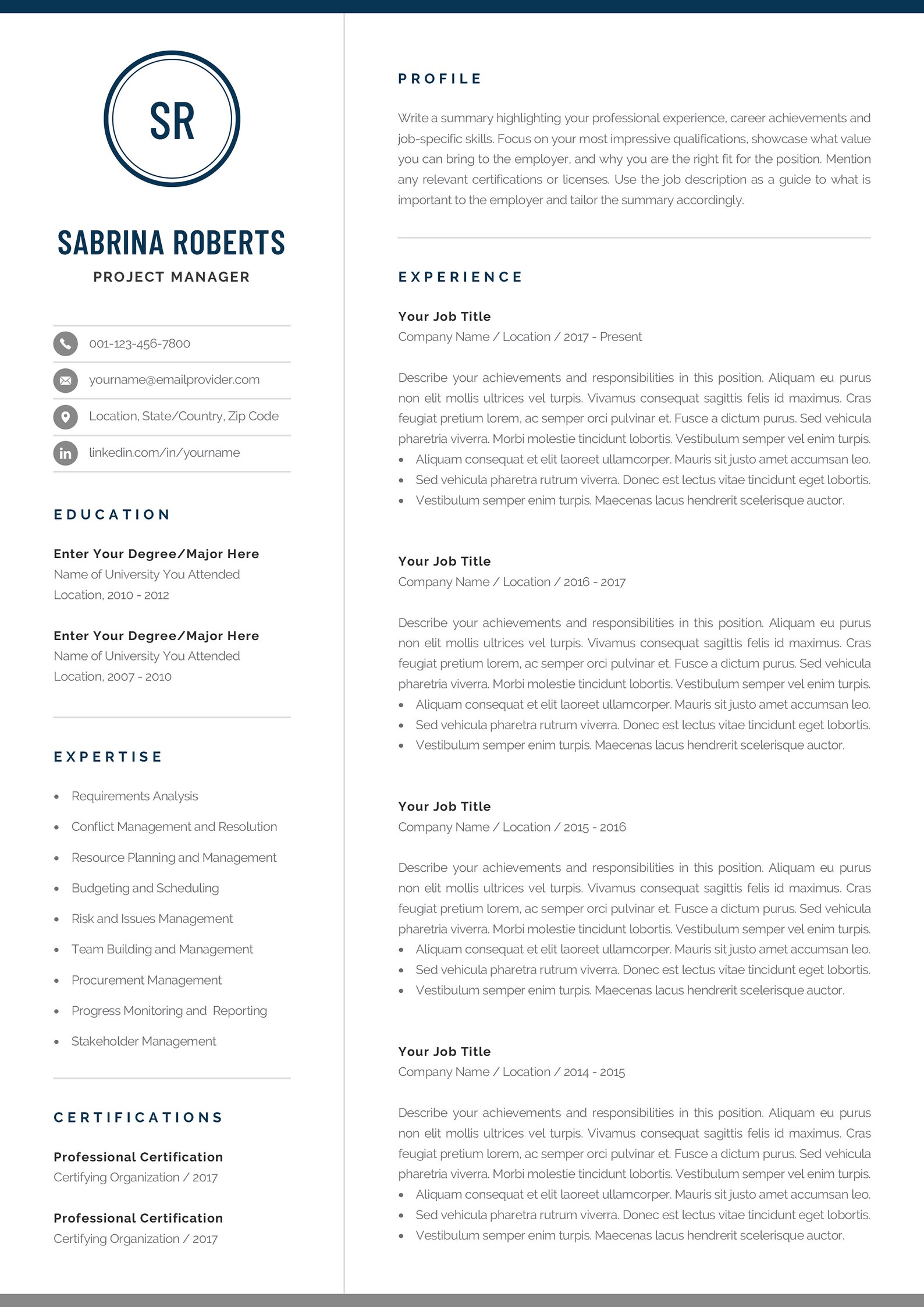 Professional 1 Page Resume Template. Modern CV Design With Monogram ...