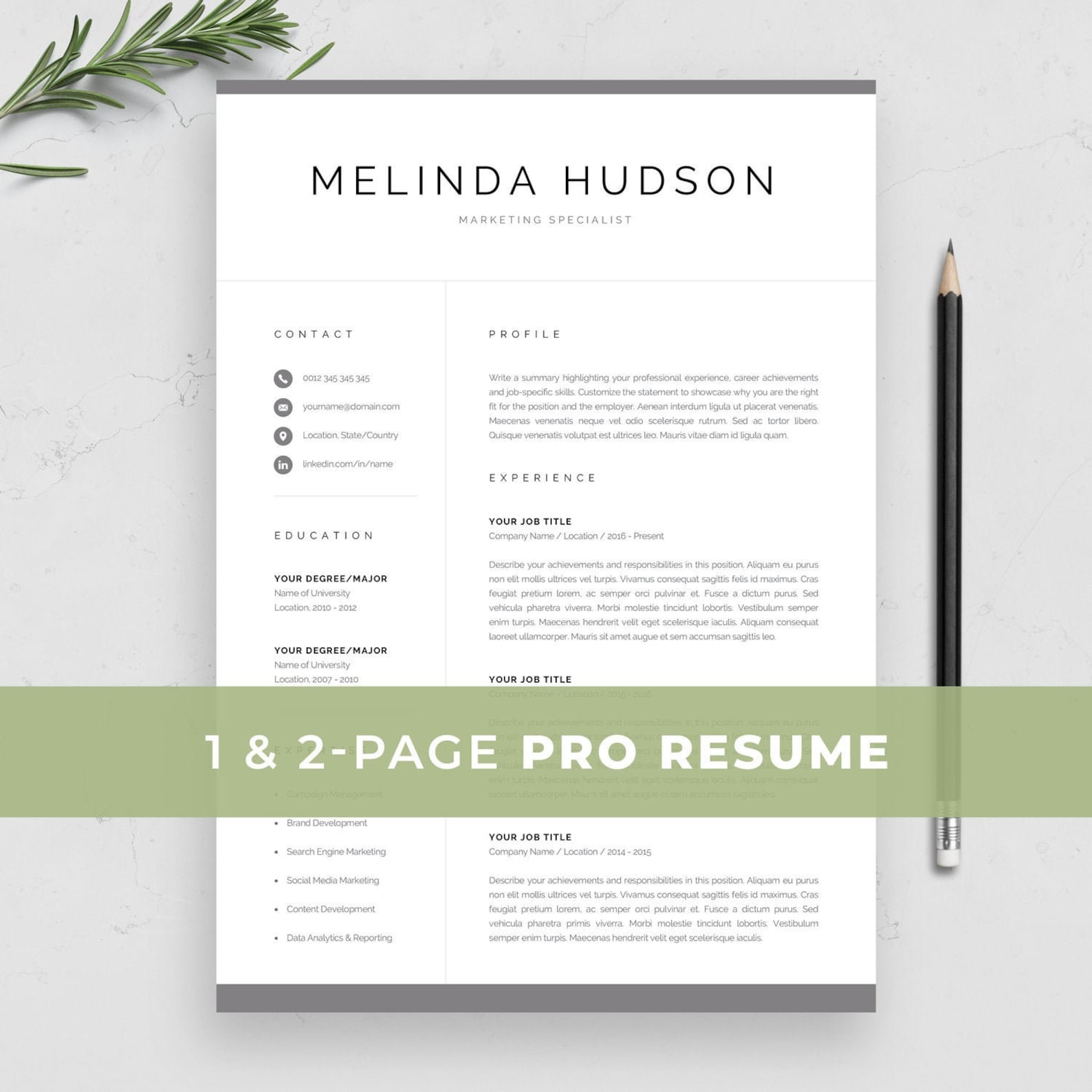 Modern Resume Template for Word & Mac Pages | Professional 1 / 2 Page ...