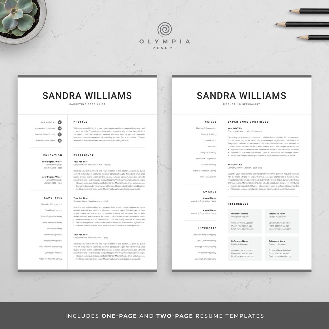 Professional Resume Template for Word, Modern CV Design, Simple 1 & 2 ...