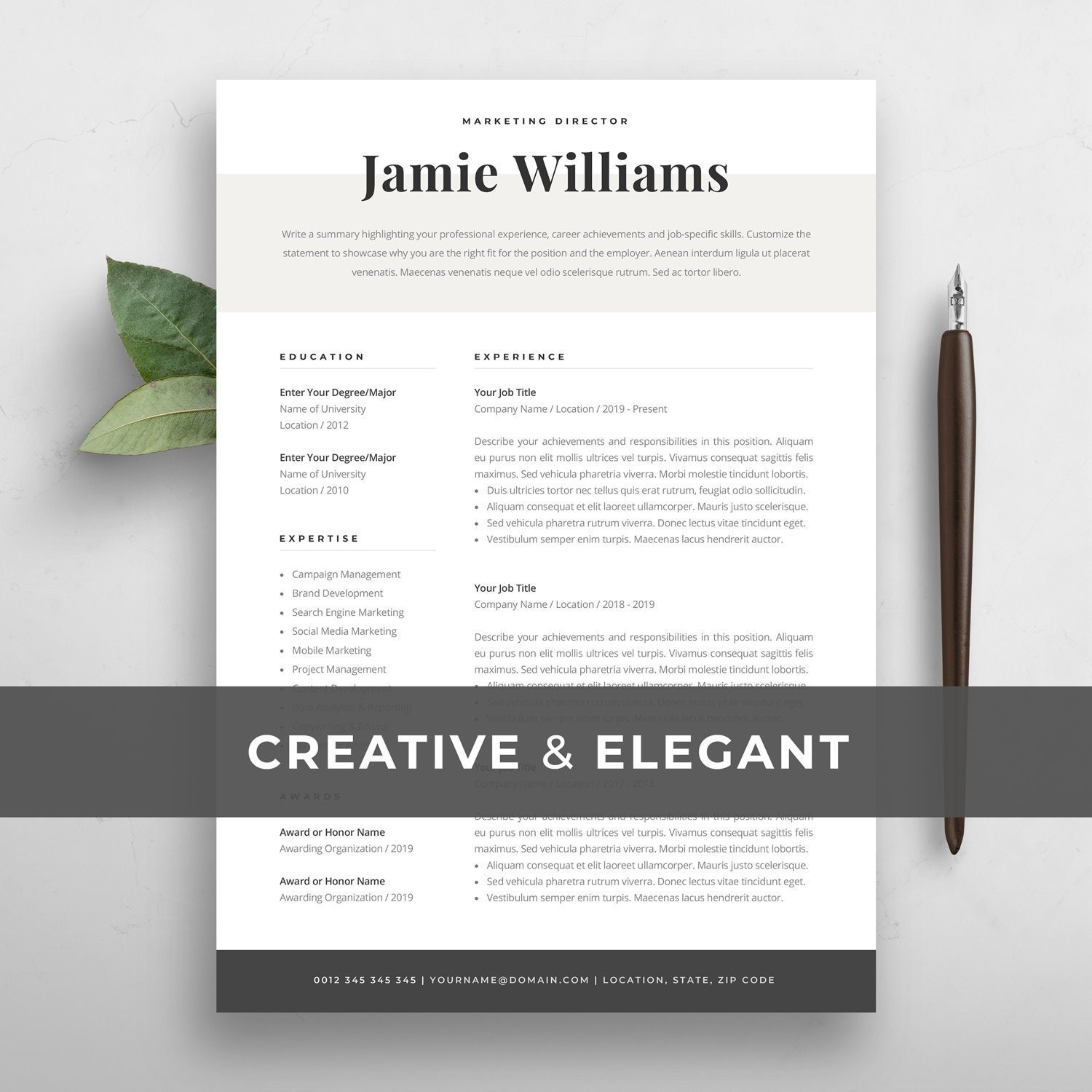 Modern Resume Template Creative CV for Word Elegant Design - Etsy