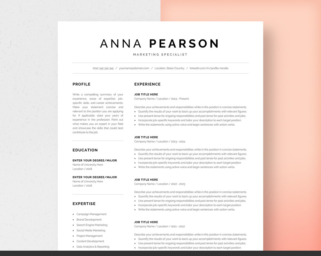 Modern 1 Page Resume Template, Professional One Page CV, Word & Mac ...
