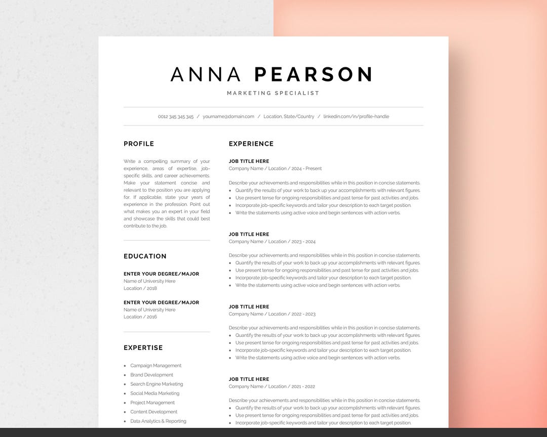 Modern One Page Resume Template Minimalist CV word Pages Etsy Modern One Page Resume Template Minimalist CV word Pages Etsy