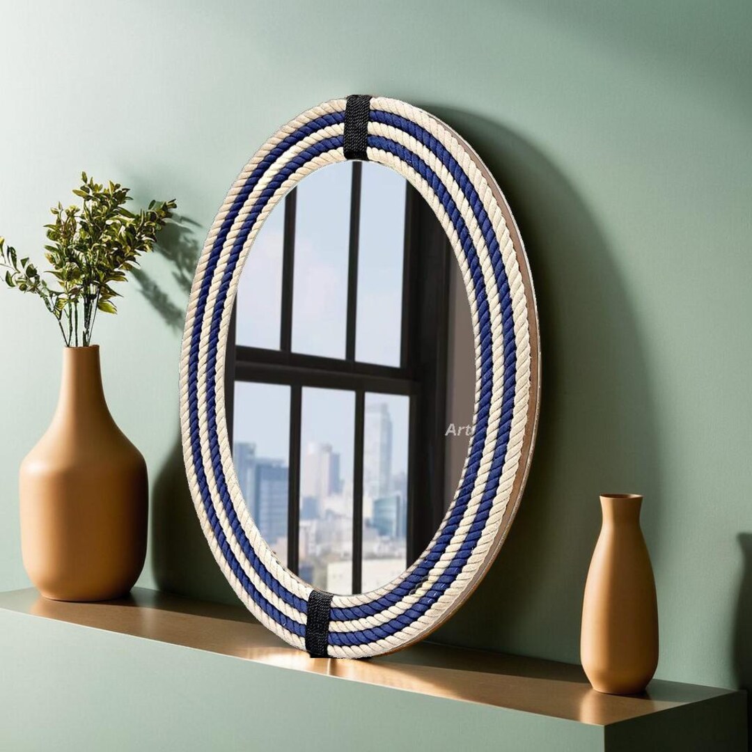 Handmade Oval Shaped White & Blue Jute Rope Mirror | Rustic Jute Rope ...