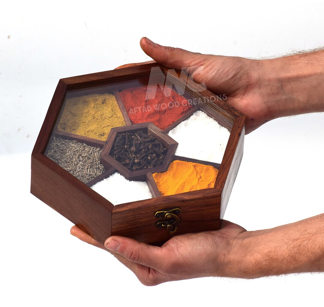 Wooden Table Top Containers Jars for Kitchen Wooden Spice Box With ...