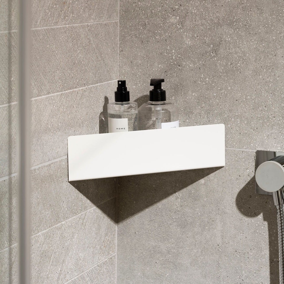 White Corner Shower Shelf, Bathroom Shelves, Minimalist Shower Caddy ...