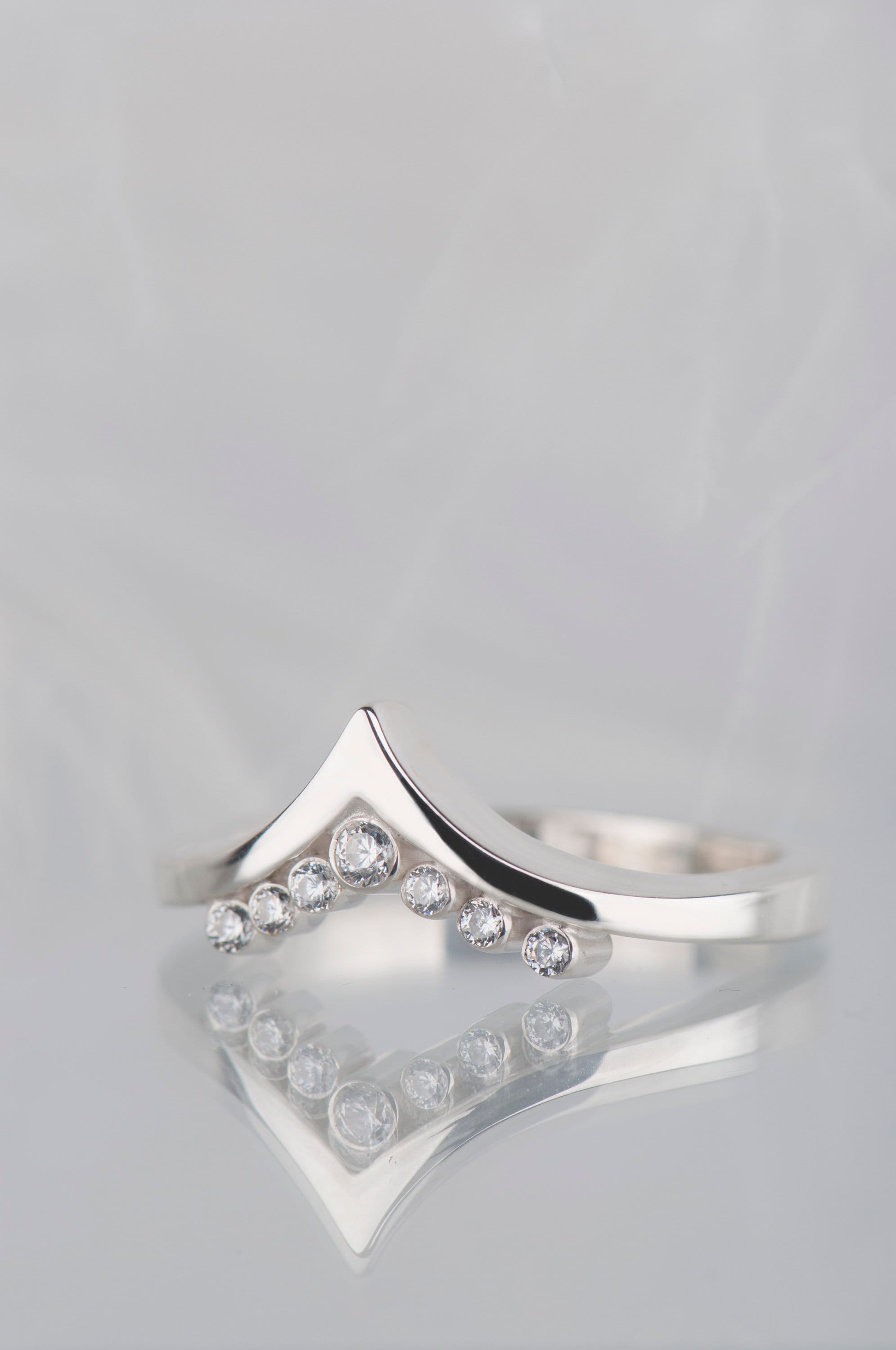 Curved enhanced wedding band, Cubic zirconia enhancer chevron ring