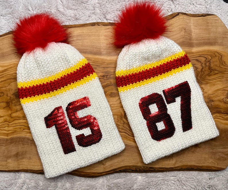 Custom Kansas City Chiefs Knit Beanie – Sequin Number, Sparkle Yarn - Etsy