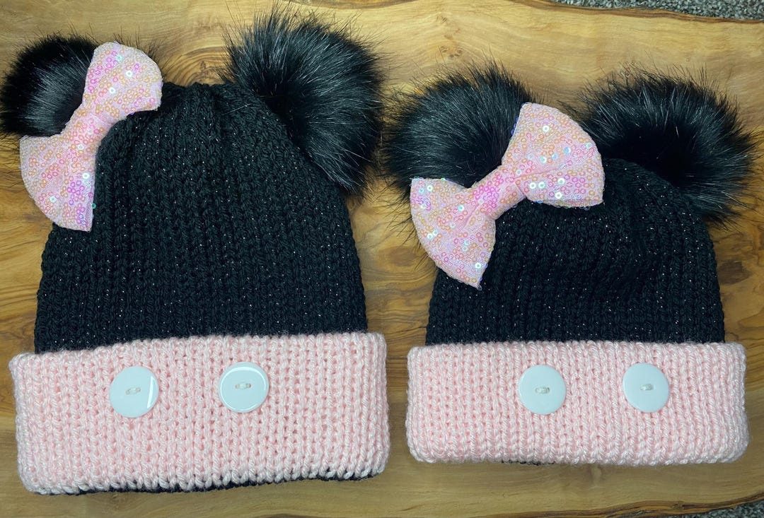 Minnie Mouse Knit Winter Hat- Handmade With Sparkle Yarn- Pink - Etsy