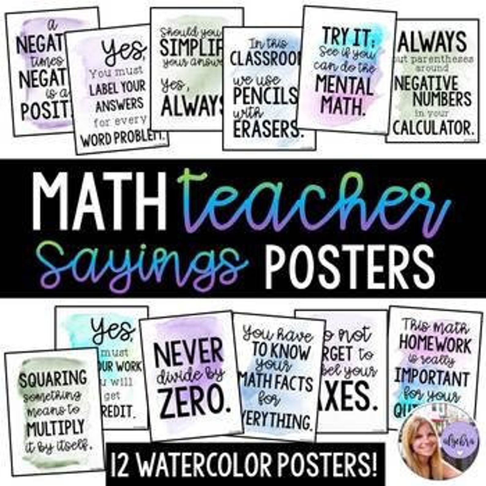 Math Teacher Sayings Watercolor Poster Set Middle School & High School ...