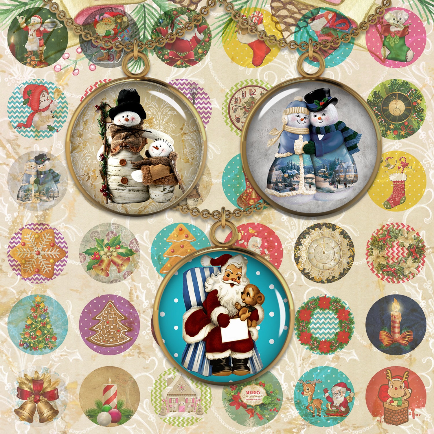 Retro Christmas Digital Collage Sheet,2,1.5,1.25,1,35mm,30mm,25mm,20mm ...