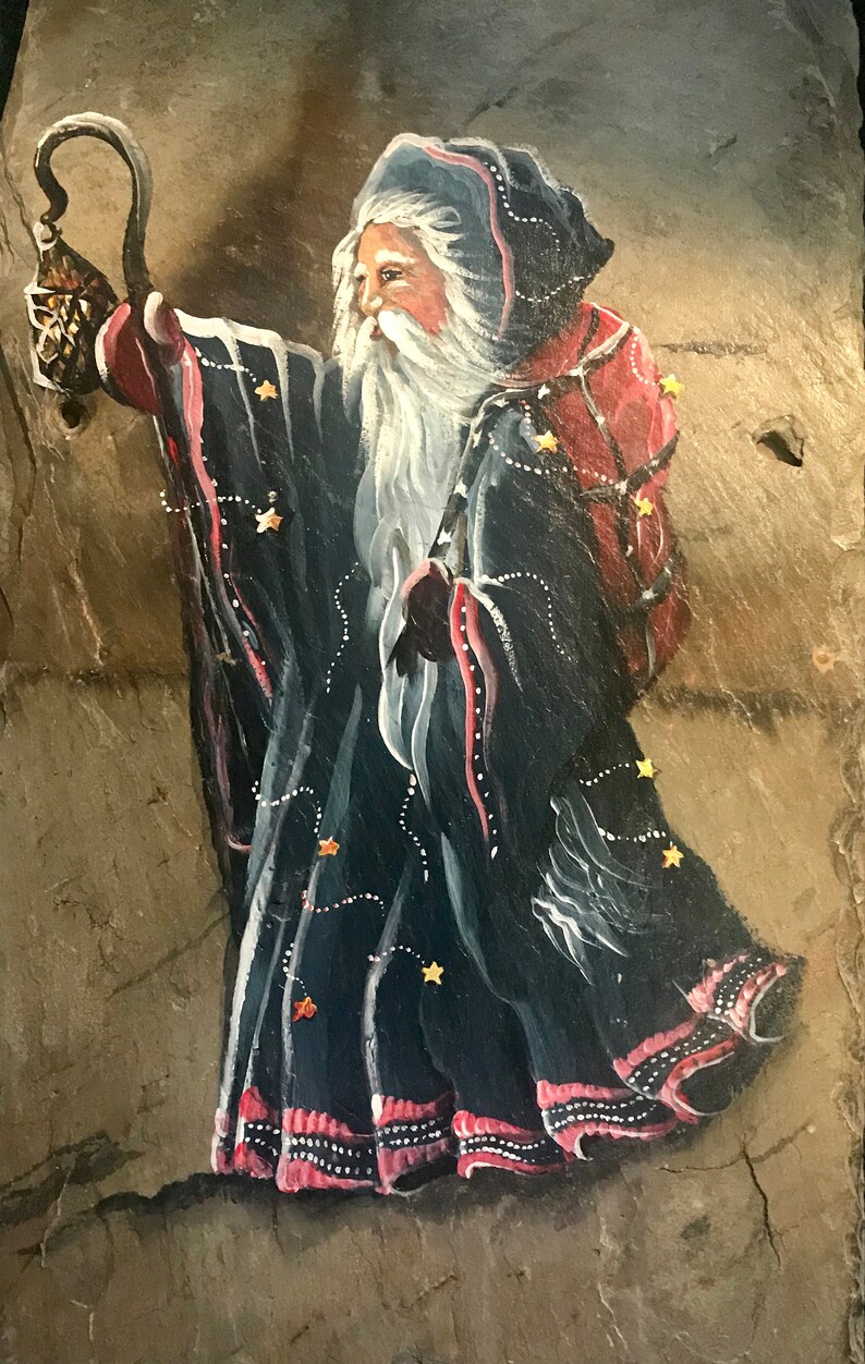 Christmas Slate Painting, Holiday Decor, Old World German Santa, Blue ...