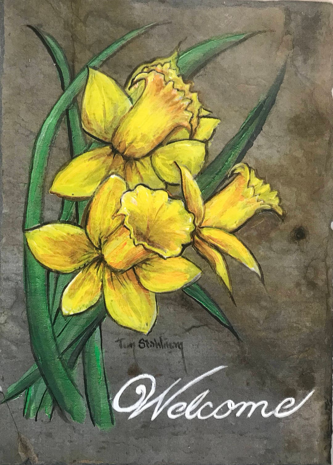 Spring Slate Painting, Daffodils, Spring Welcome Sign, Garden Porch ...