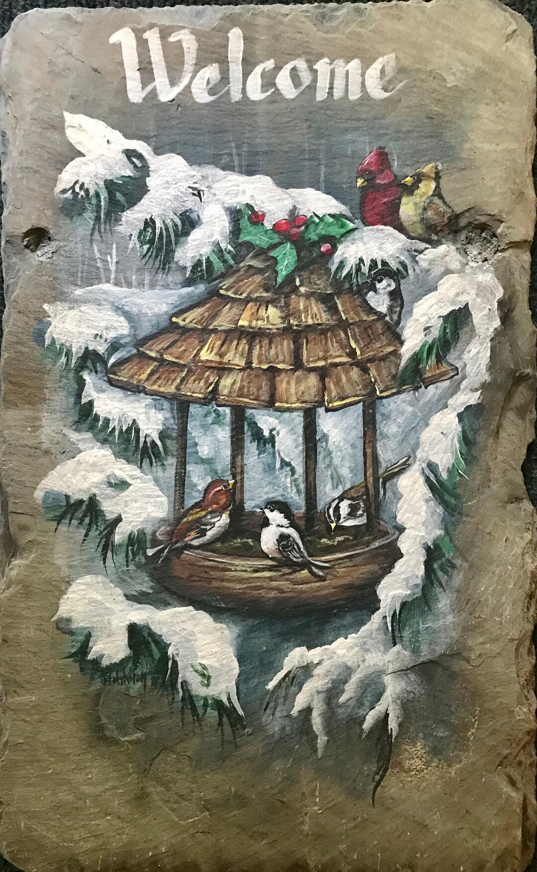 Slate Winter Welcome, Chickadees on Bird Feeder, Gift for Bird Watchers ...