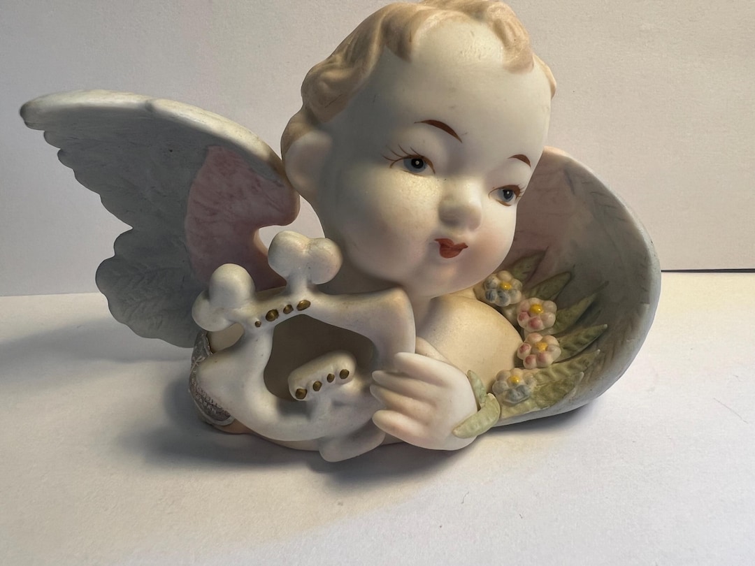 Lefton Bisque Angel W/ Tiny Harp, Original Label as Shown and Lefton ...