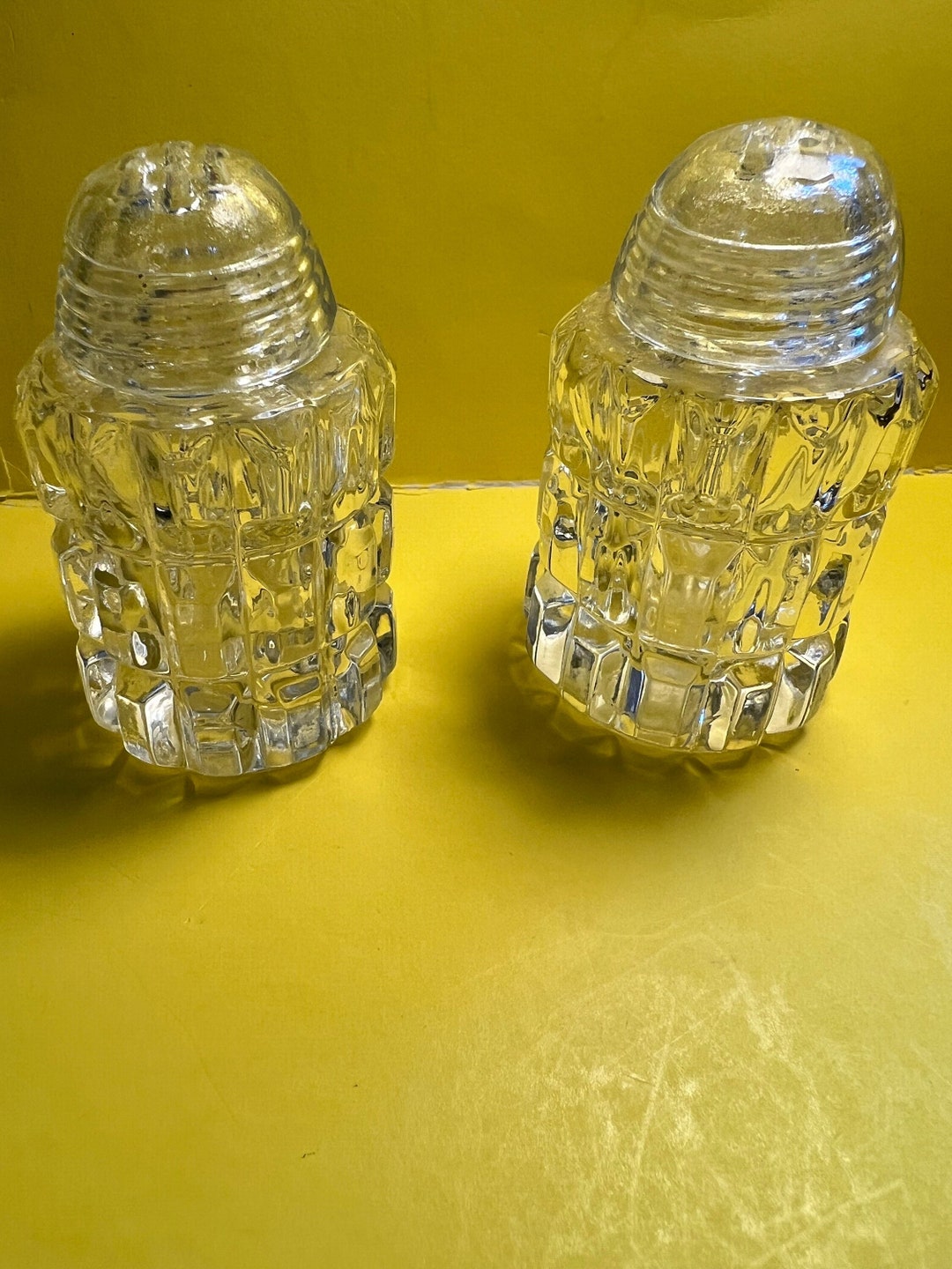 Salt & Pepper Shakers: Elegant Crystal Waffle Pattern, About 3”; Glass ...