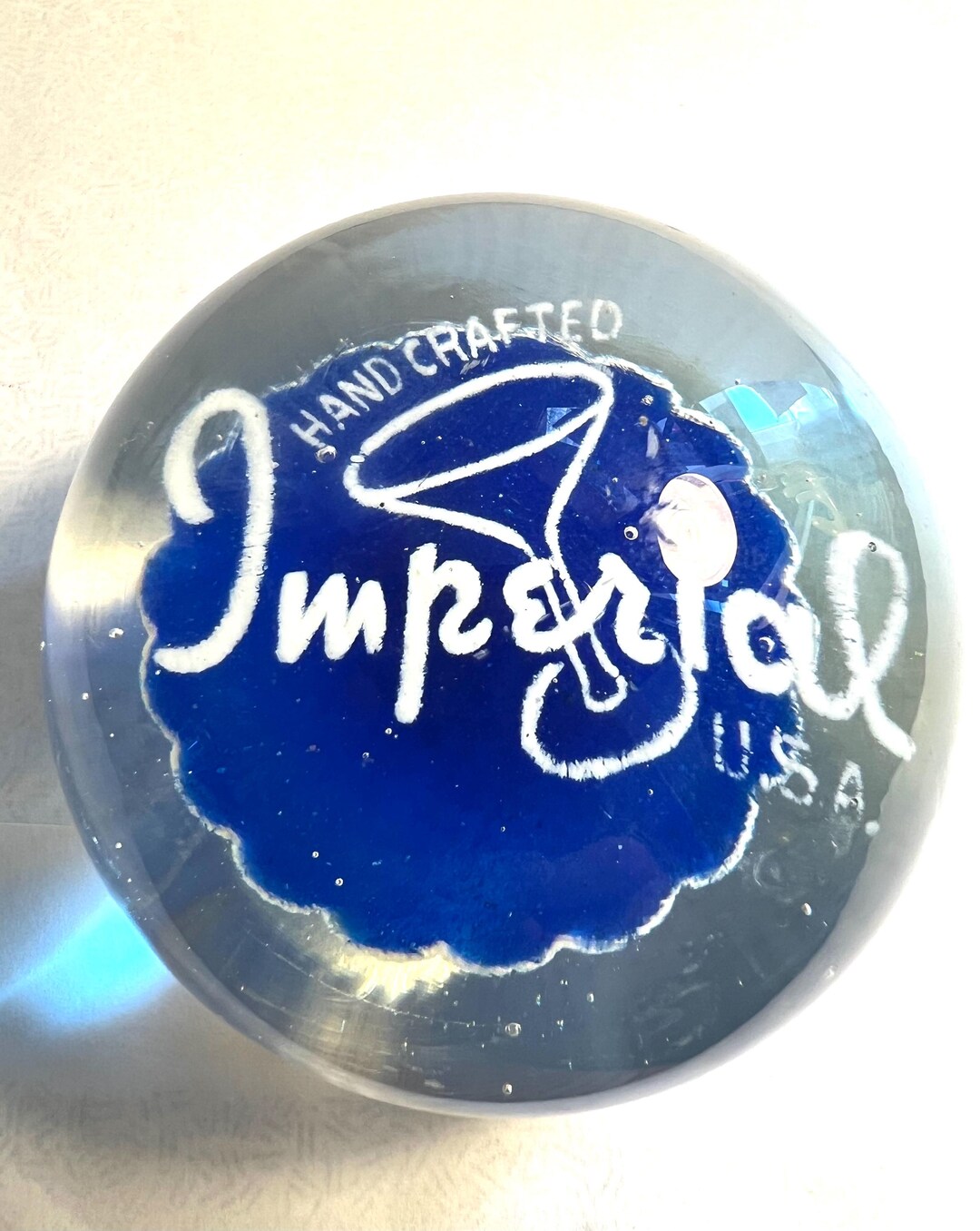 Imperial Glass Crystal & Blue Advertising Paperweight, About 2.5”high X ...