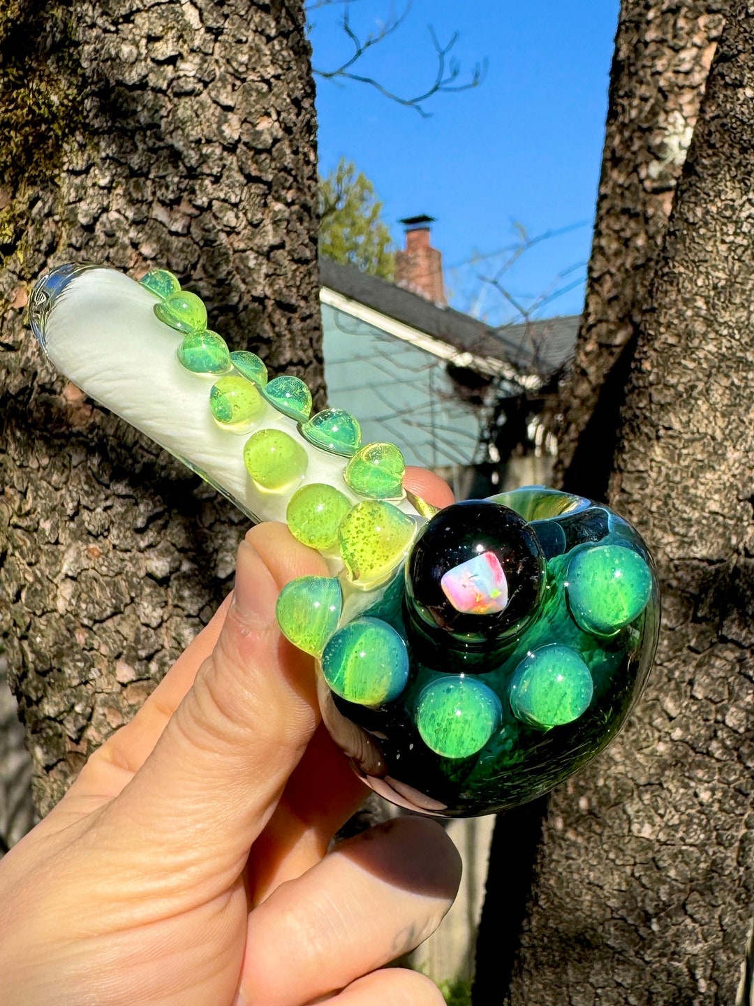 Experimental Green Opal Pipe, Hand Blown Glass Pipe, Blue Pipe, Heady ...