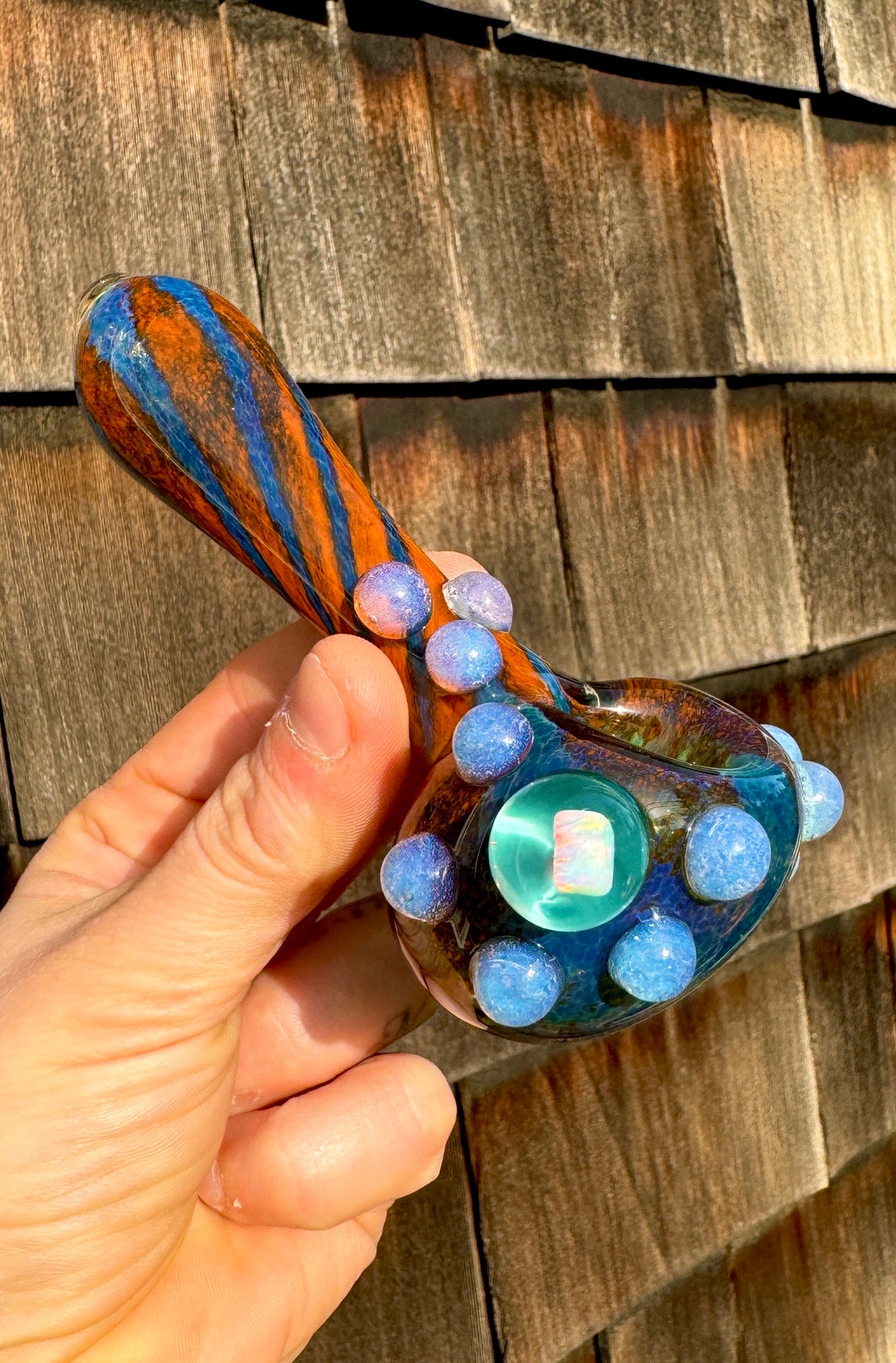 Blue Green and Lava Orange Glass Pipe, Heady Opal Pipe, Striped ...