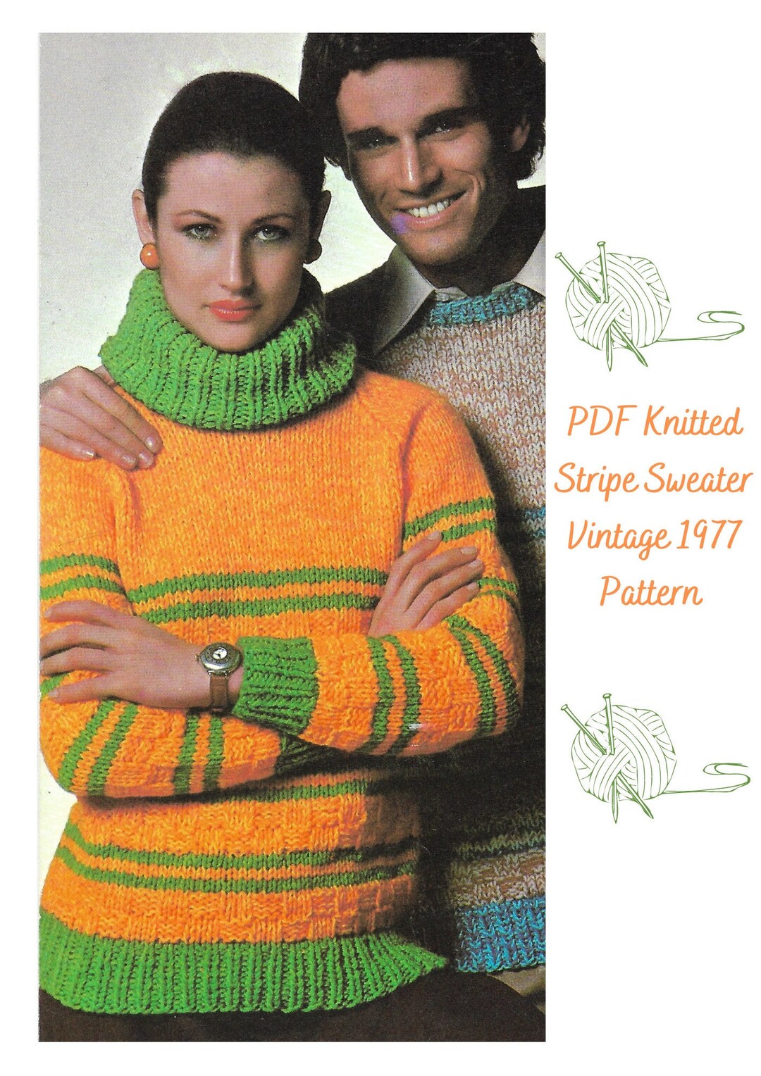 PDF Digital Download 1977 Vintage Knitted Stripe Sweater Pattern for ...