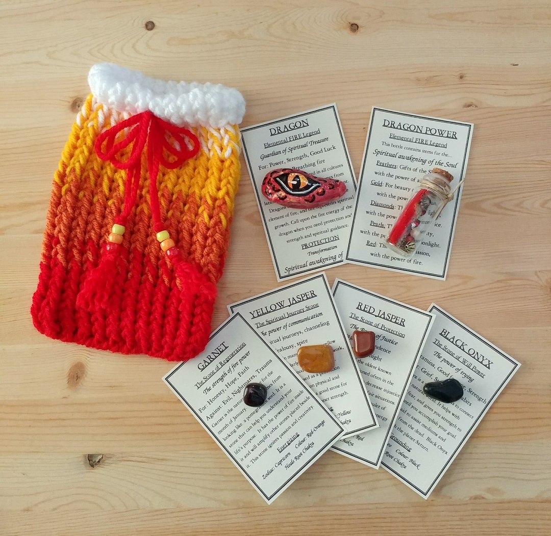 Dragon Power Amulet Kit – Hand-painted Eye Rock, Gemstones & Knit Bag ...