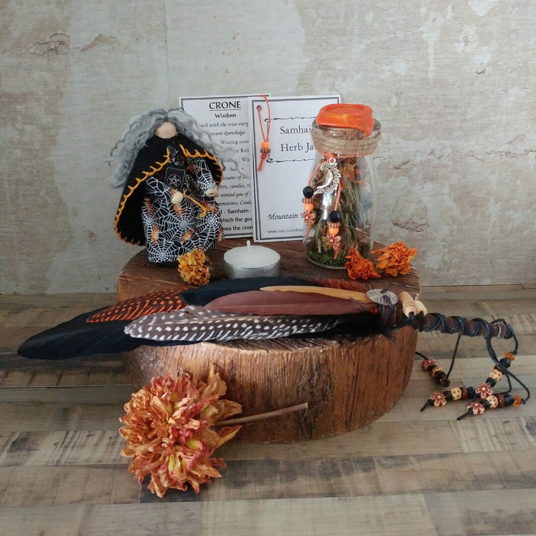Samhain Witch Kit - Black Smudge Feather - Witch Crone Peg Doll ...