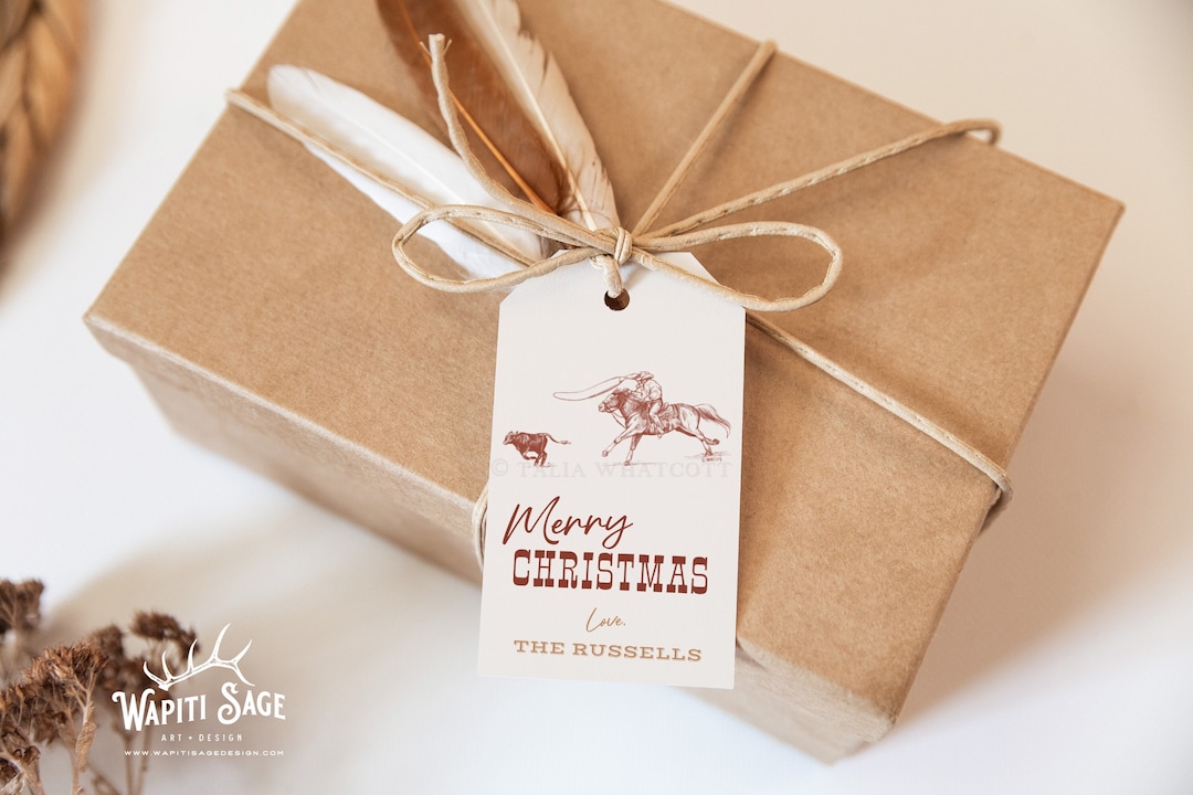 Calf Roper Tie Down Western Rodeo Christmas Gift Tag, Editable Holiday ...