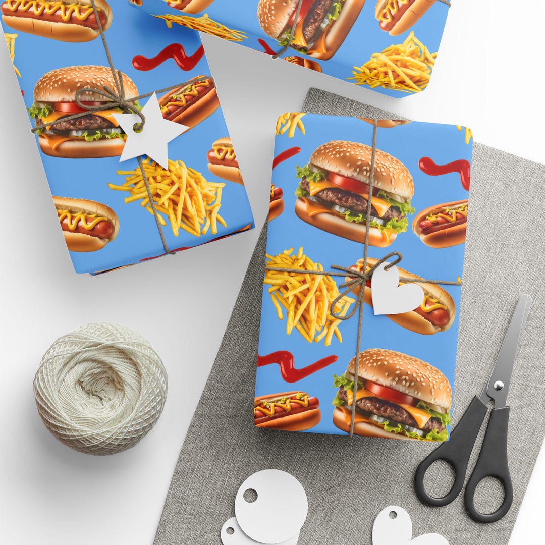 Retro Fast Food Wrapping Paper , Cheeseburgers, Fries & Hot Dogs Gift ...