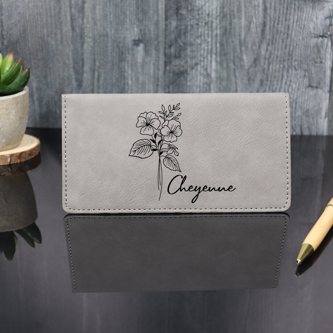 Personalized Birth Flower Checkbook Cover, Leather Checkbook, Checkbook ...