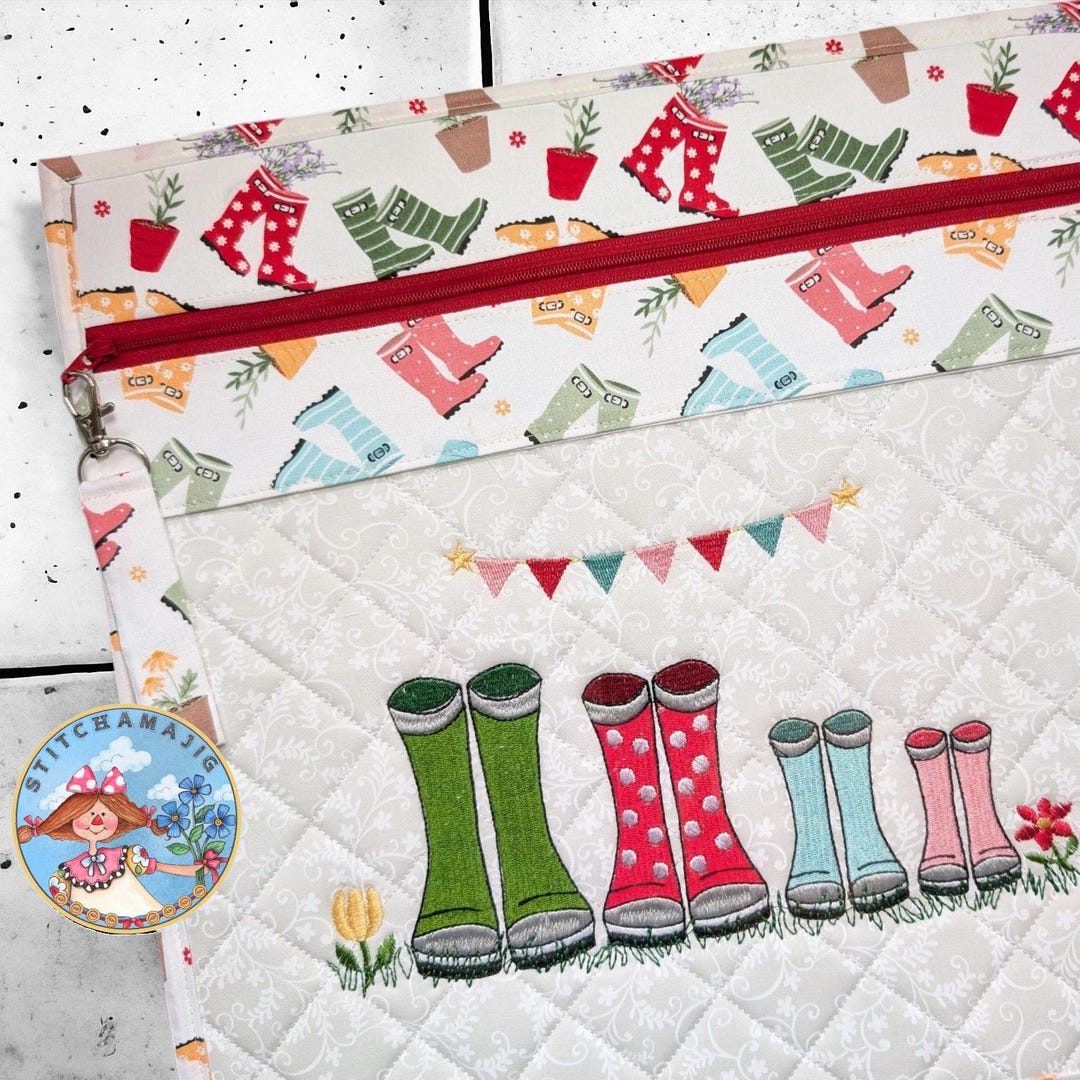 Family Wellies Boots Embroidered Vinyl Front Project Bag Cross Stitch ...