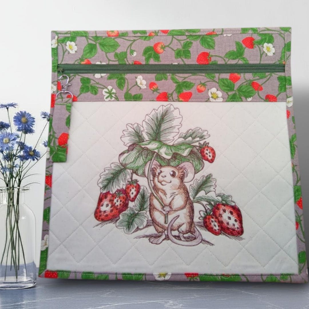 Field Mouse and Strawberries Embroidered Vinyl Front Project Bag Cross ...
