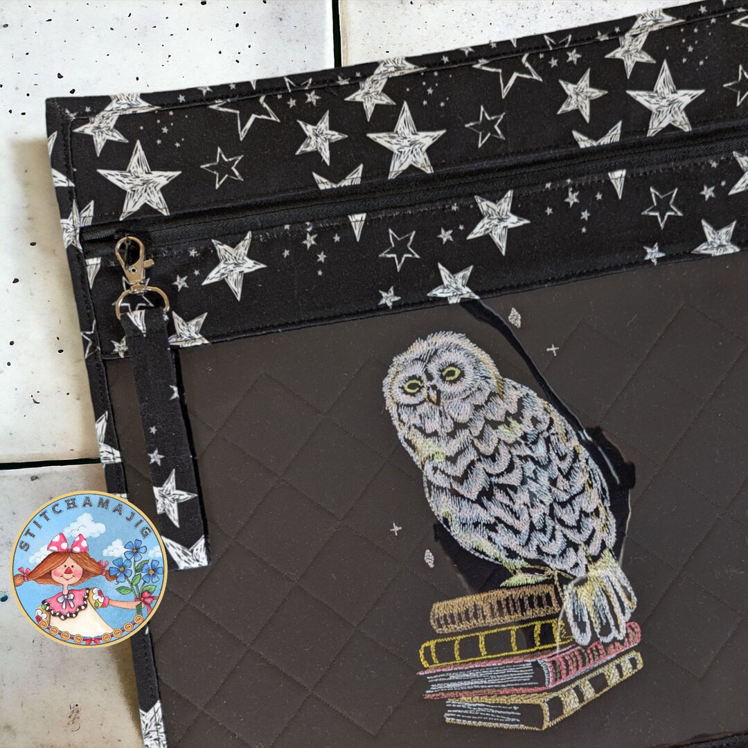 Studious Owl and Book Stack Embroidered Vinyl Front Cross Stitch ...