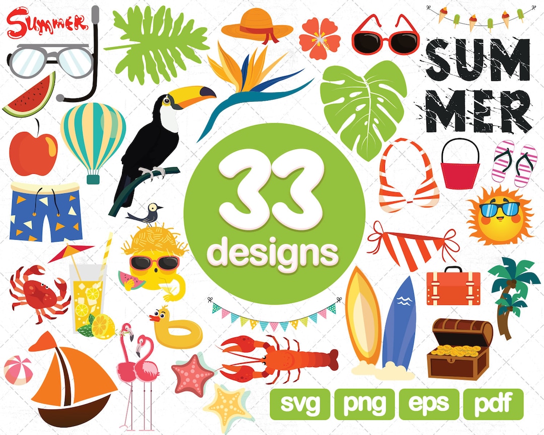 33 Summer Clipart Bundle, Beach Vacation Summer Clip Art, Fun Beach ...