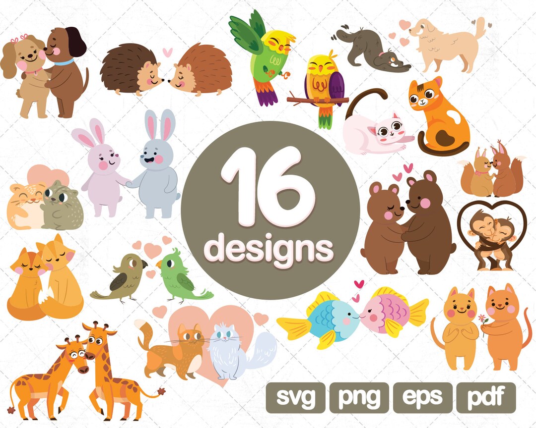 16 Love Animals Clipart SVG, Love, Dog, Cat, Fish, Parrot, Hedgehog ...