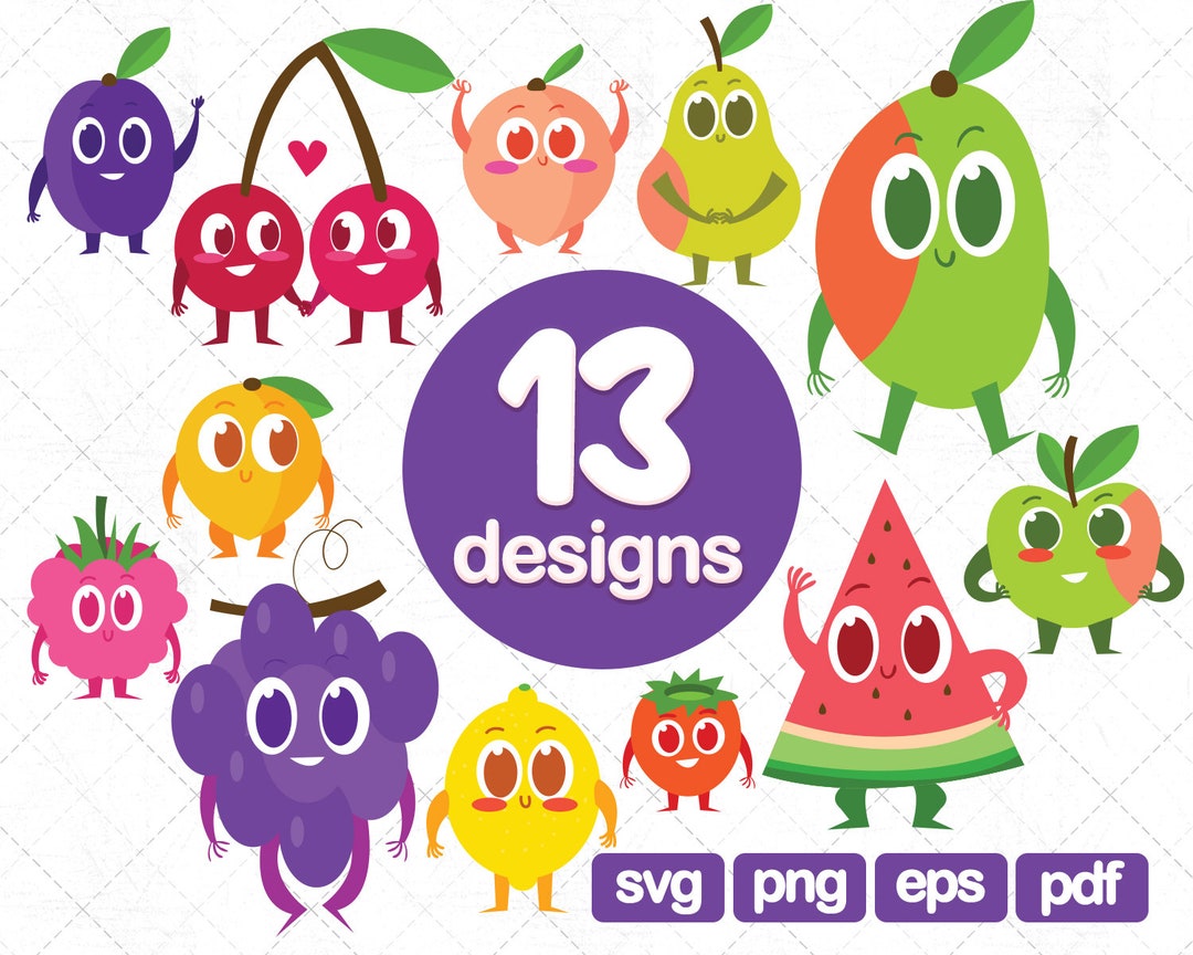 13 Kawaii Fruits Clipart, Kawaii Food Images, Grape, Cherry, Apple ...