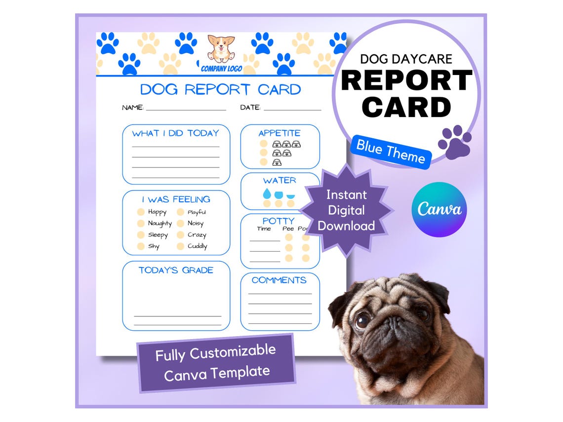 Printable Dog Report Card | Dog Daycare Forms | Blue Theme | Canva ...
