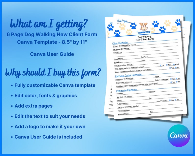 Dog Walking Contract Agreement New Client Form Canva Template Dog ...