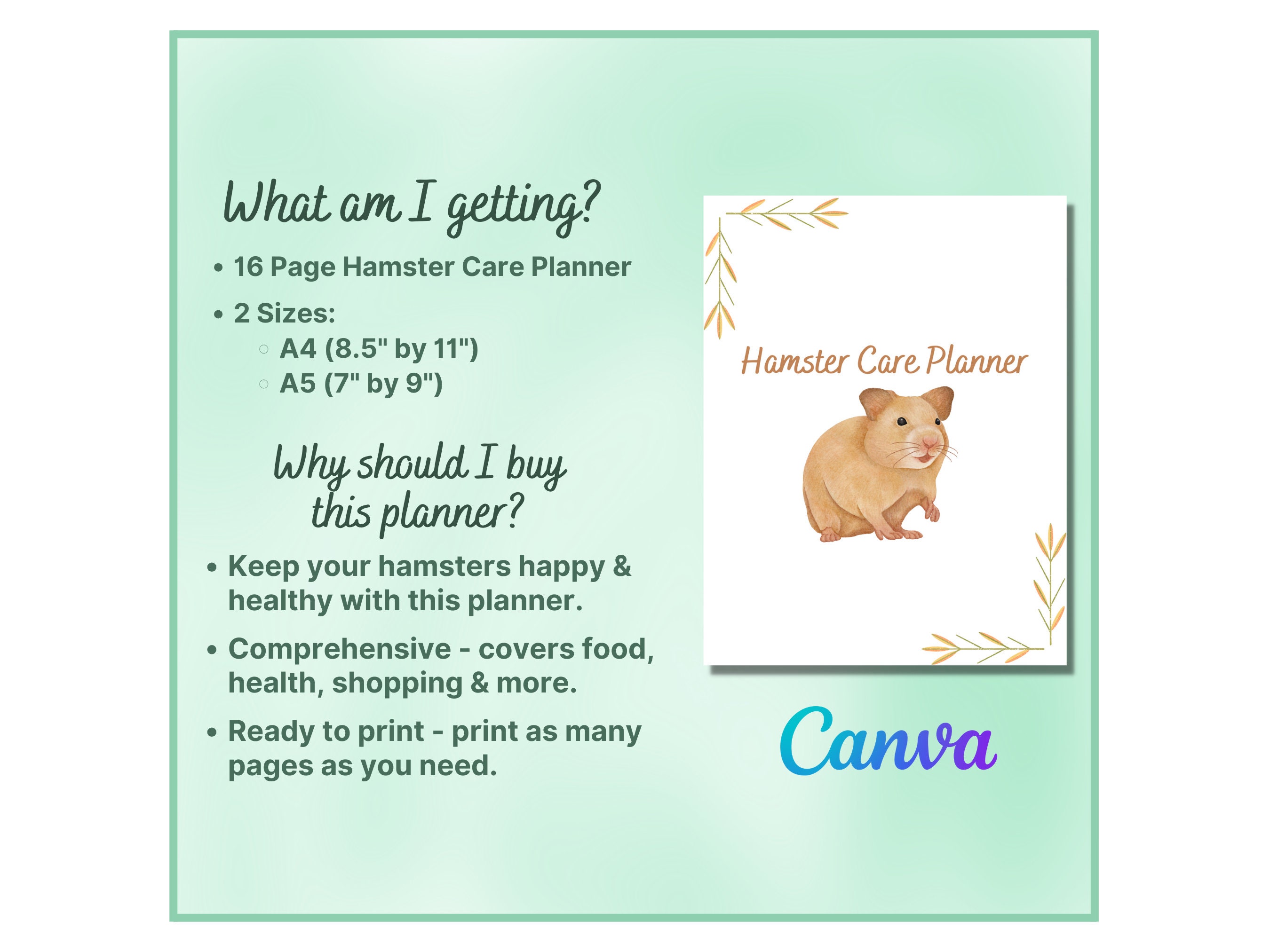 Comprehensive Hamster Care Planner - 16 Pages | Printable Hamster Guide ...