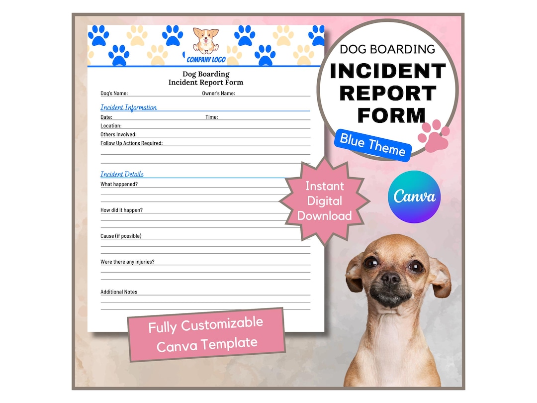 Dog Boarding Incident Report Form: Accident & Dog Bite Report for Pet ...