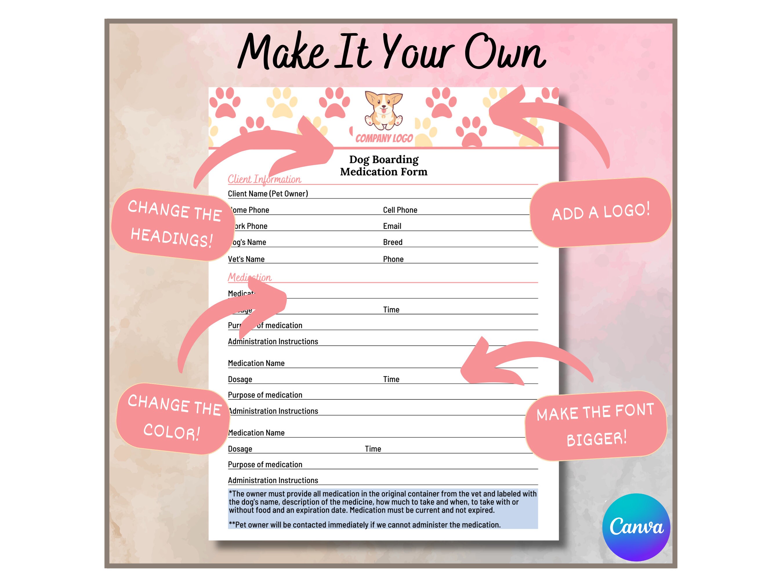 Dog Boarding Medication Form | Dog Boarding Health Form | Dog Boarding ...