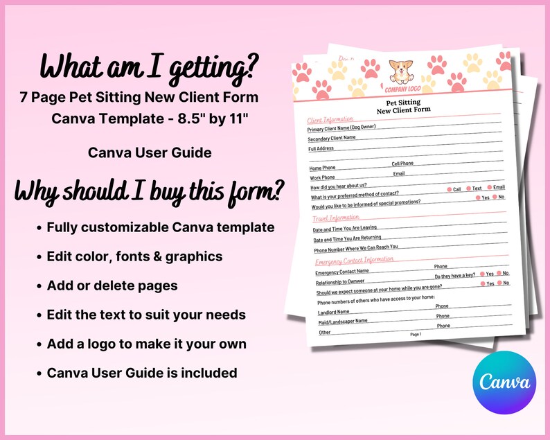 Pet Sitting New Client Form Pet Sitting Contract Dog - Etsy