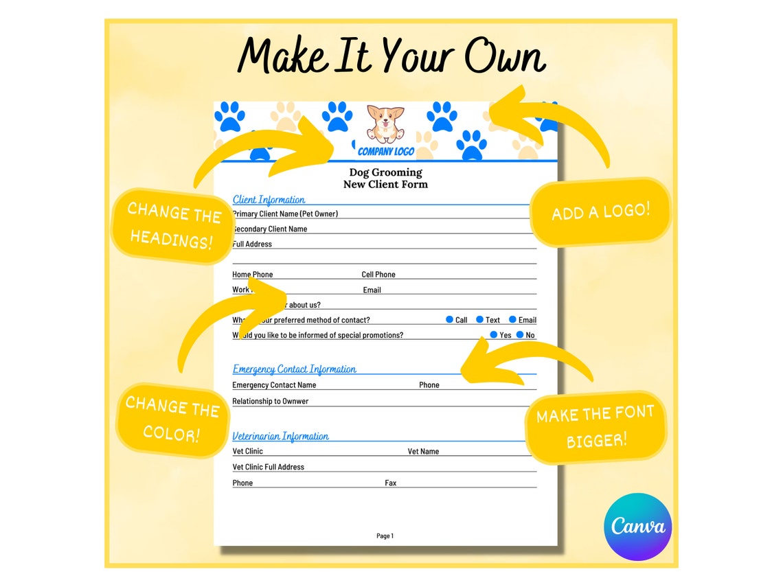 Dog Grooming New Client Form | New Client Contract | Consent Form | Pet ...