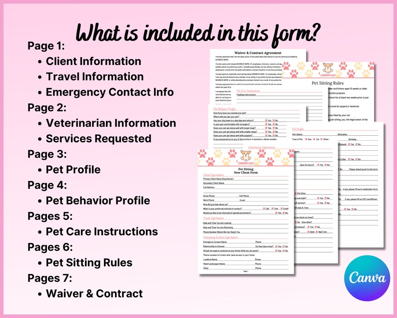 Pet Sitting New Client Form Pet Sitting Contract Dog - Etsy
