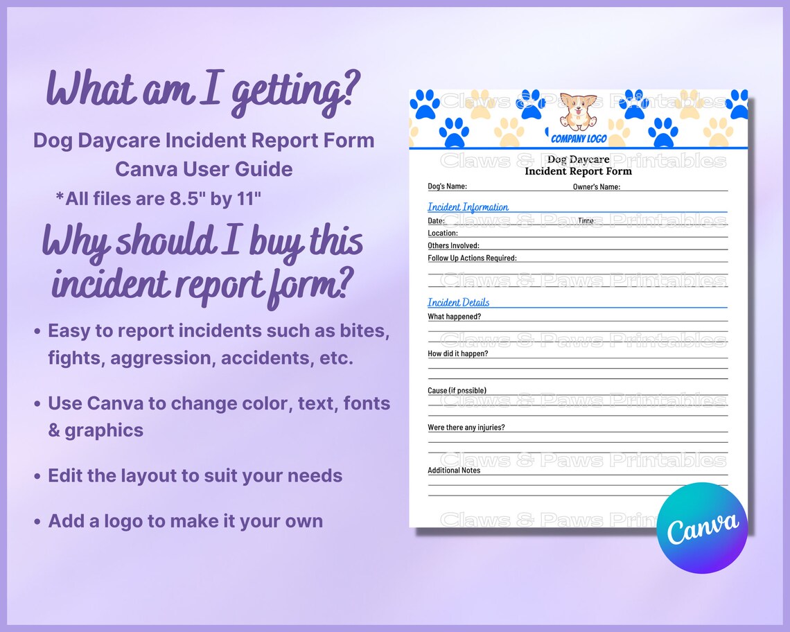 Dog Daycare Incident Report Form Doggy Daycare Accident Form - Etsy