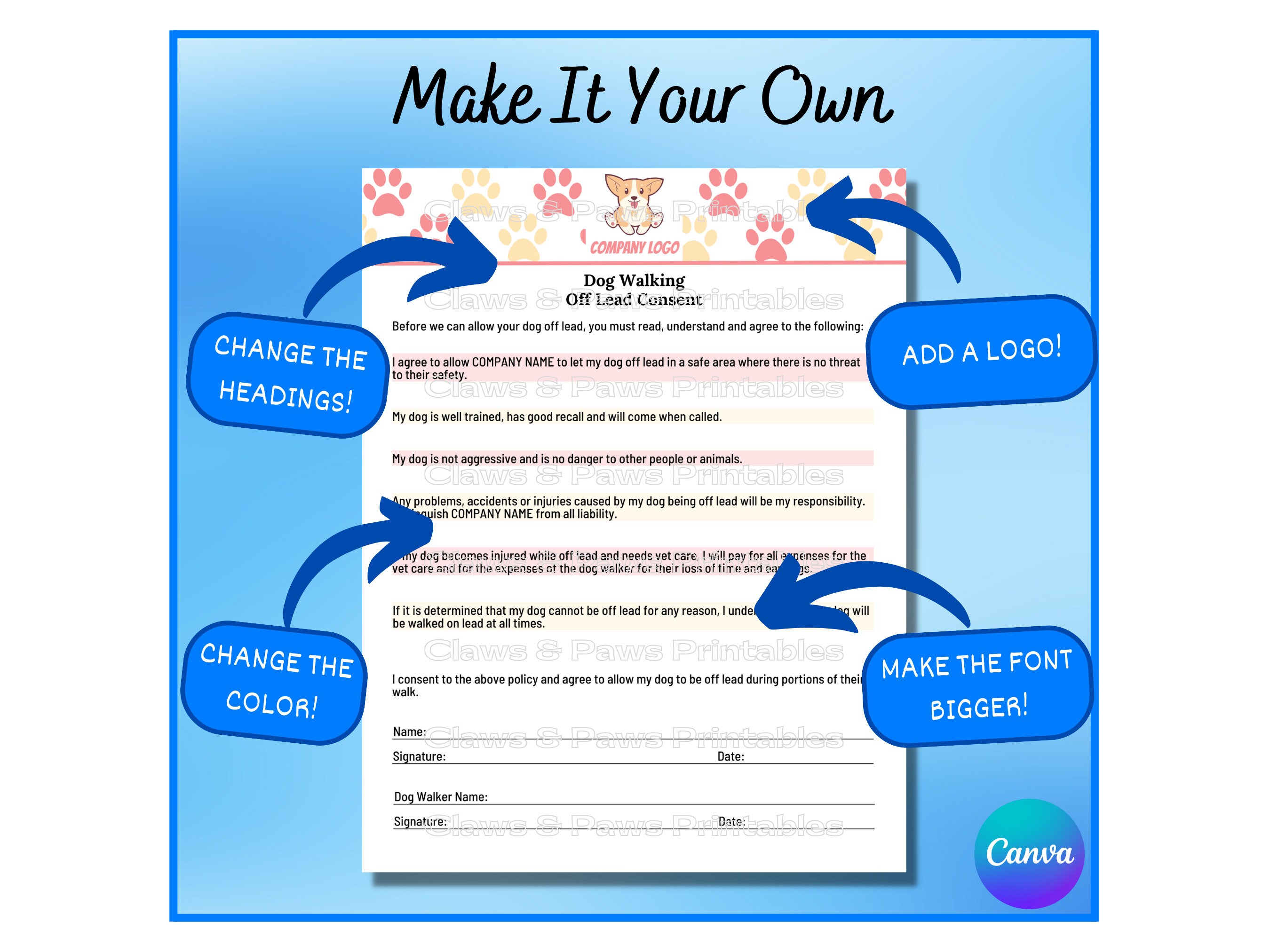 Dog Walking Off-lead Consent Form | Dog Walking off Lead Waiver | Dog ...