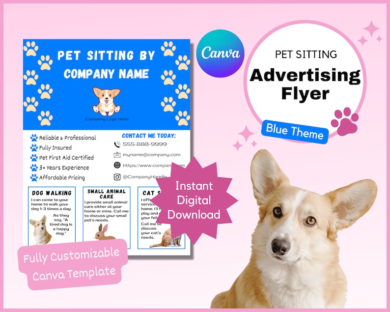 Pet Sitting Advertising Flyer Blue Dog Walking Poster Pet Sit Brochure ...